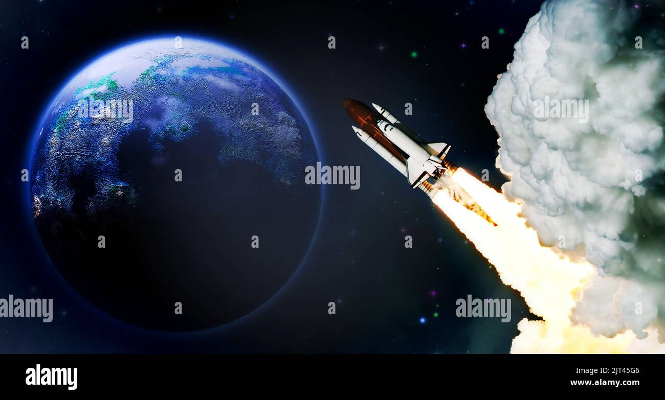 Launched rocket in flight, night starry sky background. Rocket starts ...