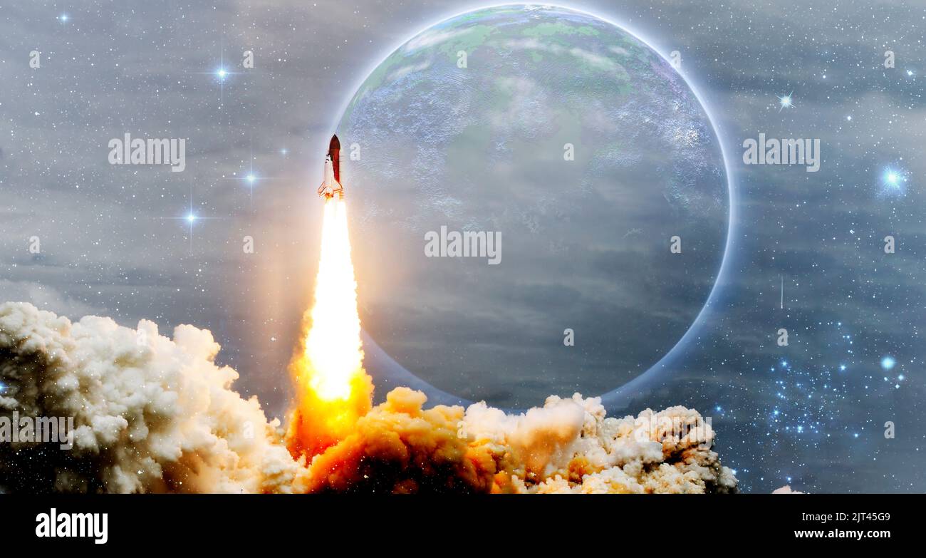 Space shuttle rockets launch into space on the starry sky. spacecraft ...