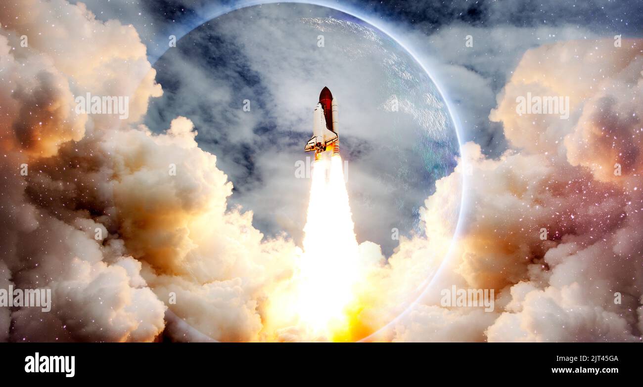 Launched rocket in flight, night starry sky background. Rocket starts ...