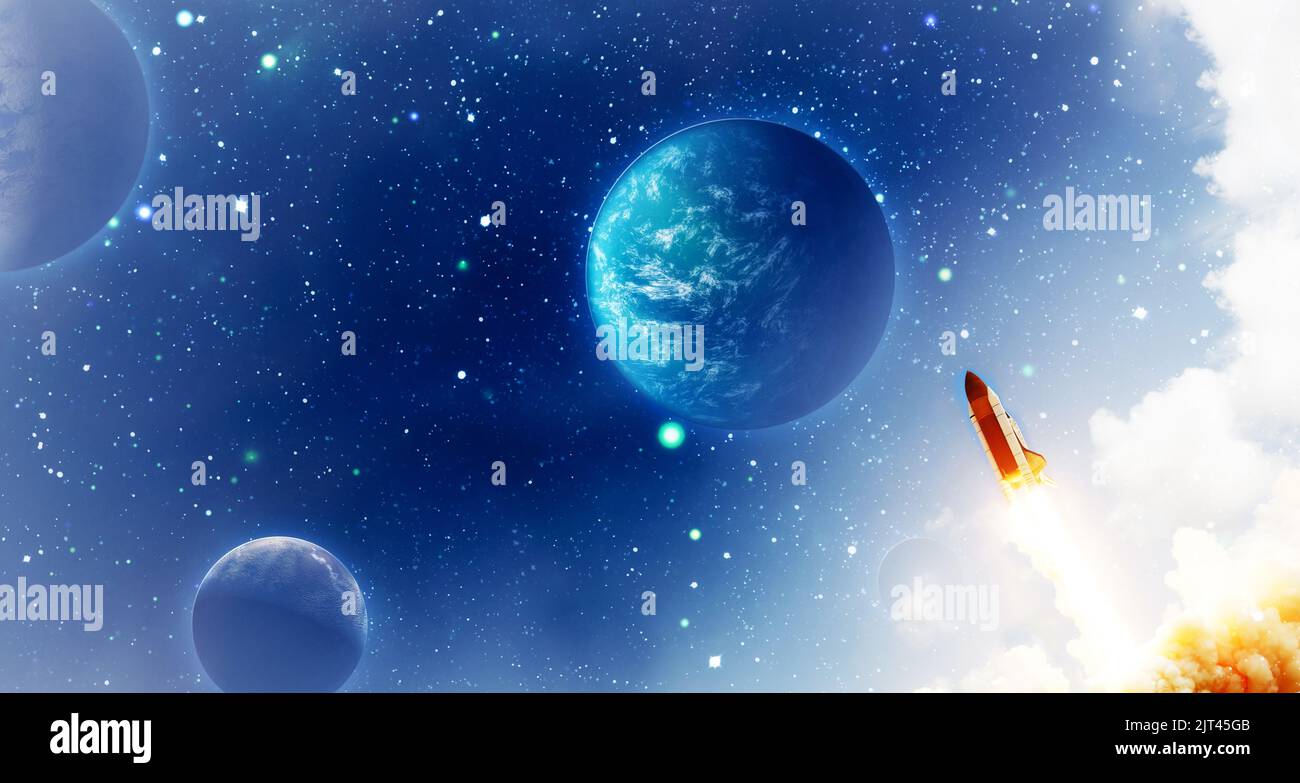 Space shuttle rockets launch into space on the starry sky. spacecraft ...