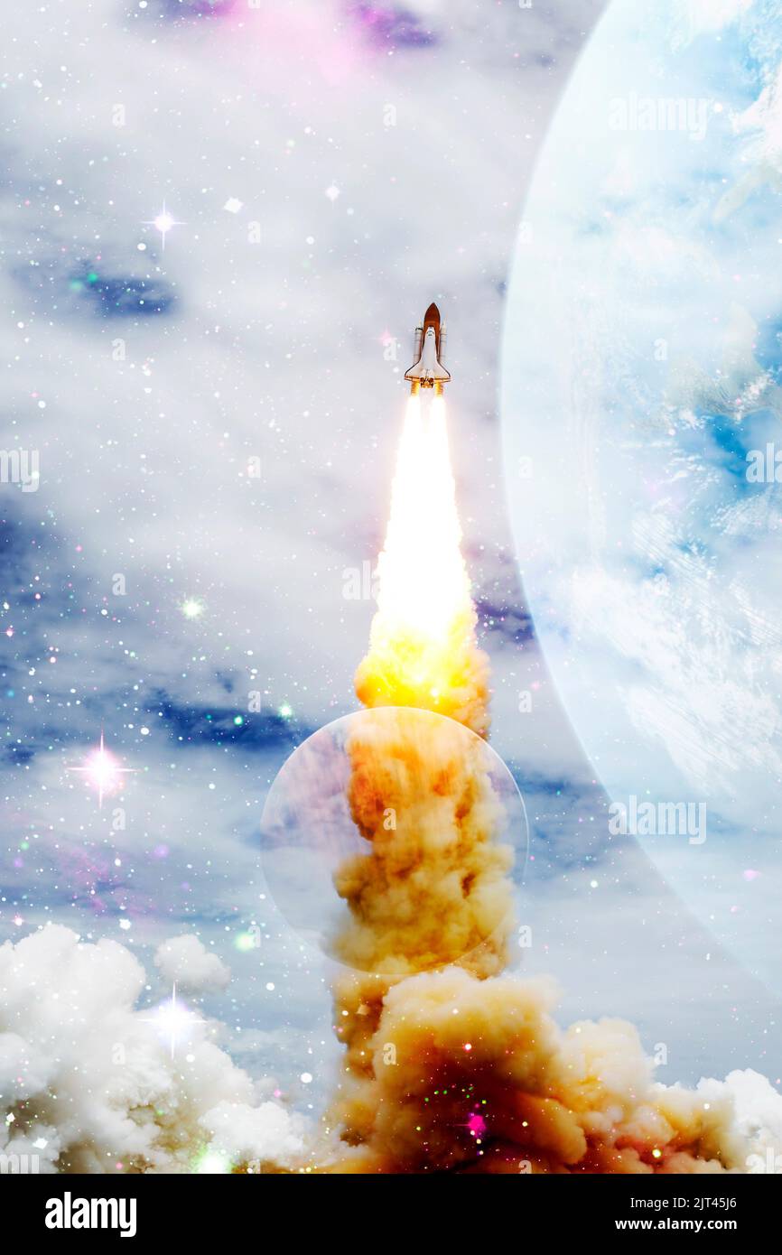 Space shuttle rockets launch into space on the starry sky. spacecraft ...