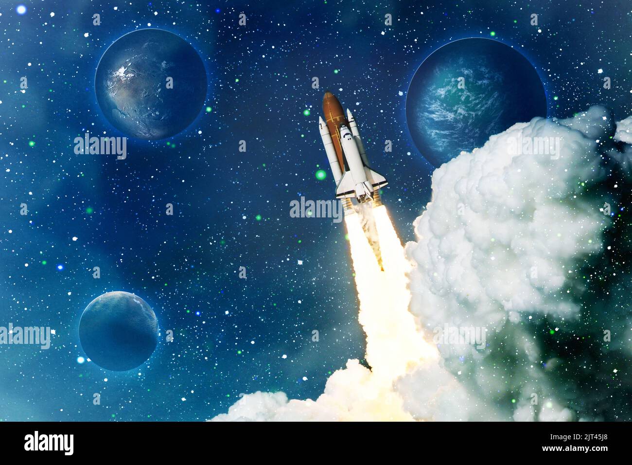 Space shuttle rockets launch into space on the starry sky. spacecraft ...