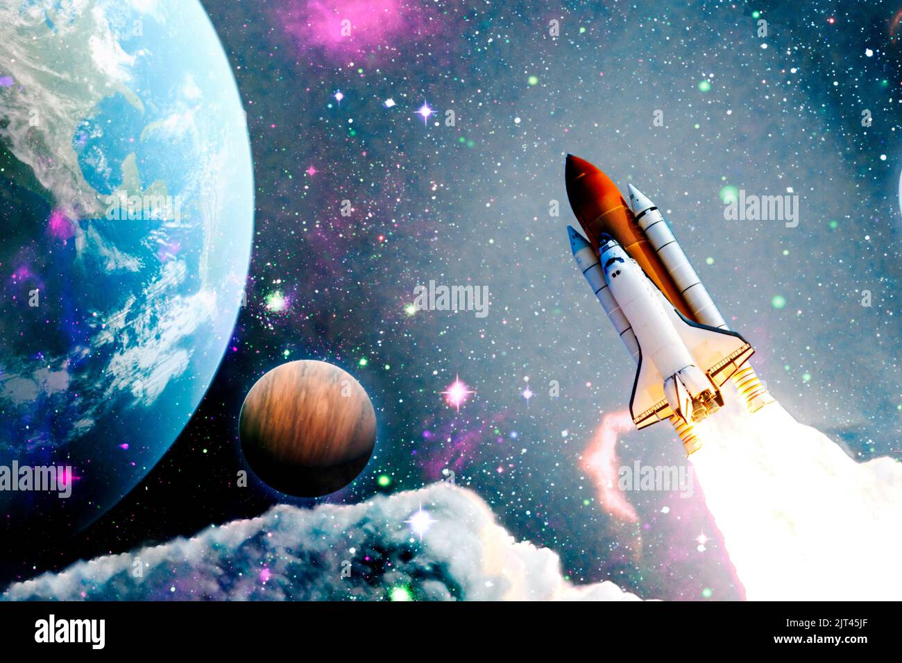 Space shuttle launch , Space with stars on background. Sky and clouds ...