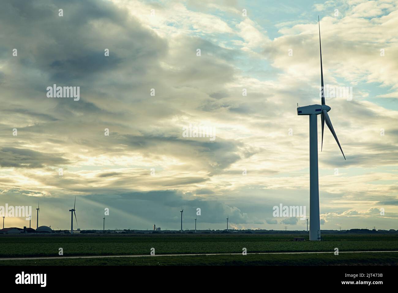 Creating energy without harming the planet. a cluster of wind turbines ...