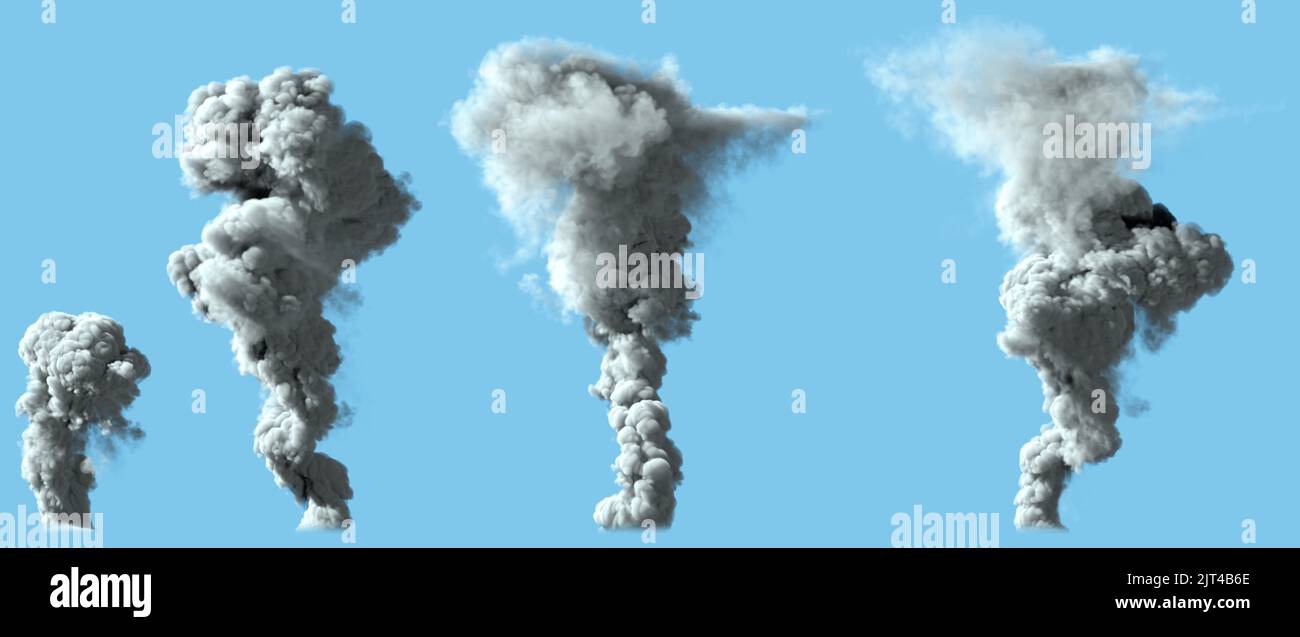 4 images of dense gray smoke column as from volcano or big industrial ...