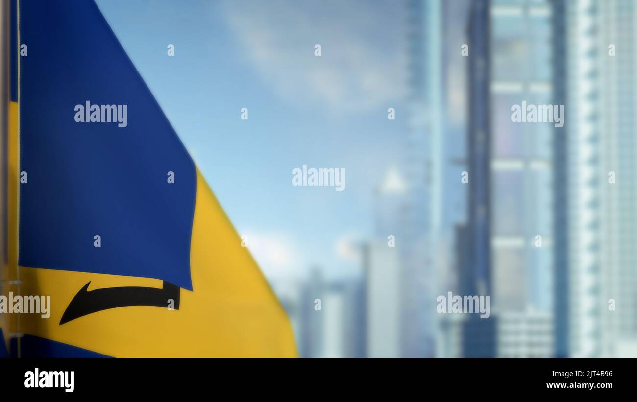 flag of Barbados on modern city architecture bokeh bg for national ...