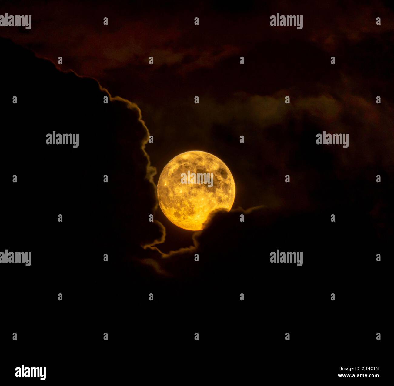 Red full moon rising or emerging from clouds in silhouette illuminated ...