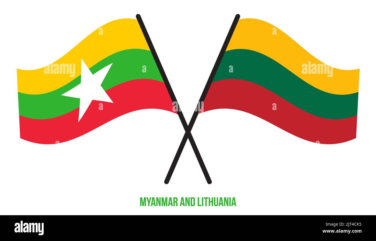 Myanmar and Lithuania Flags Crossed And Waving Flat Style. Official ...