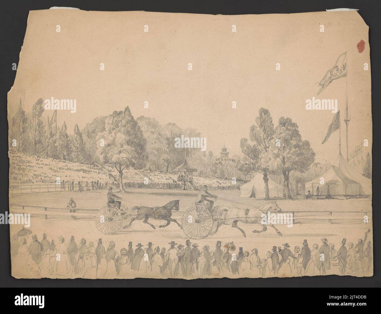 Two harness racing horses pulling their sulkies on race course Stock ...