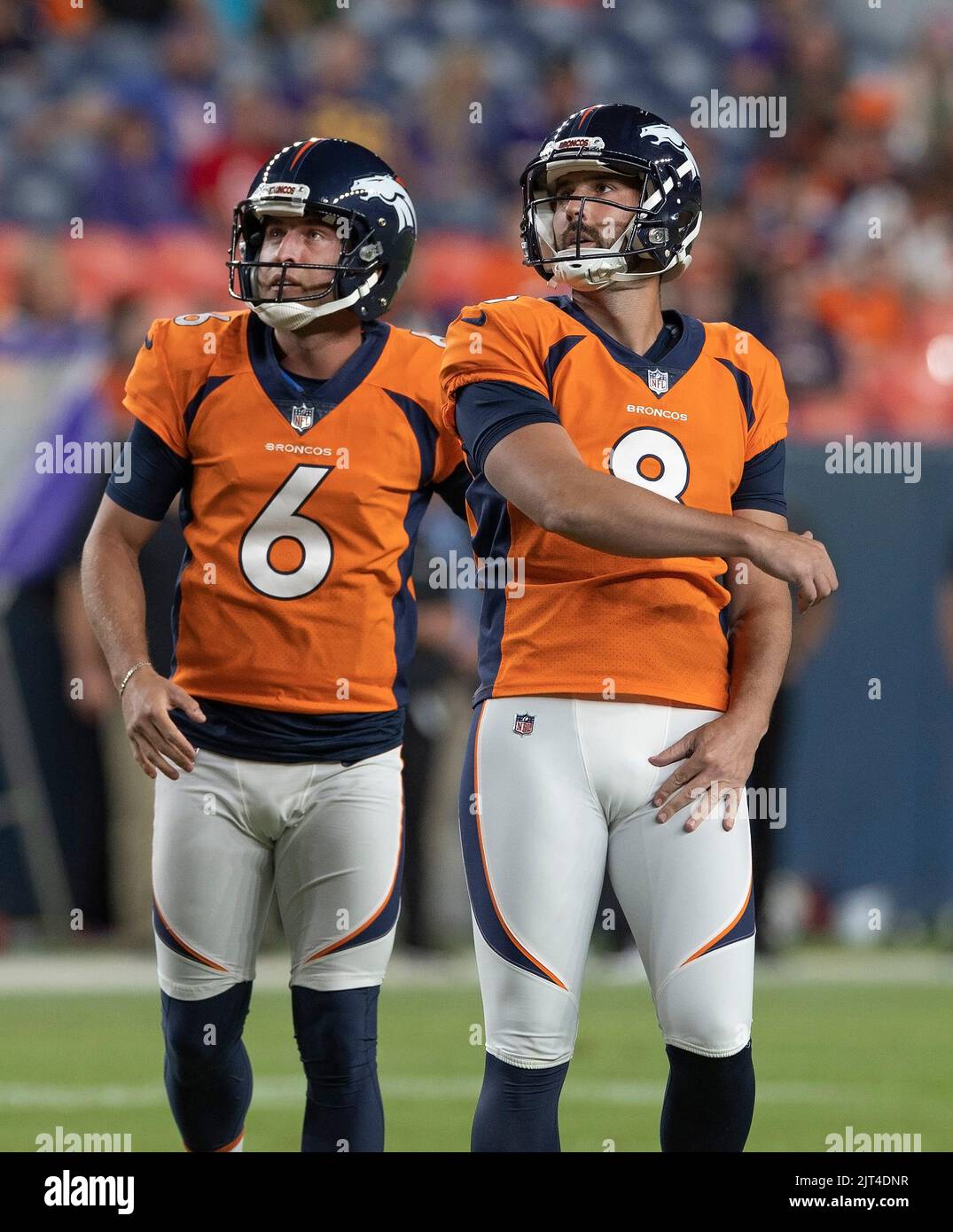 Denver, Colorado, USA. 27th Aug, 2022. Denver Broncos K BRANDON MCMANUS looks on after kicking a ...