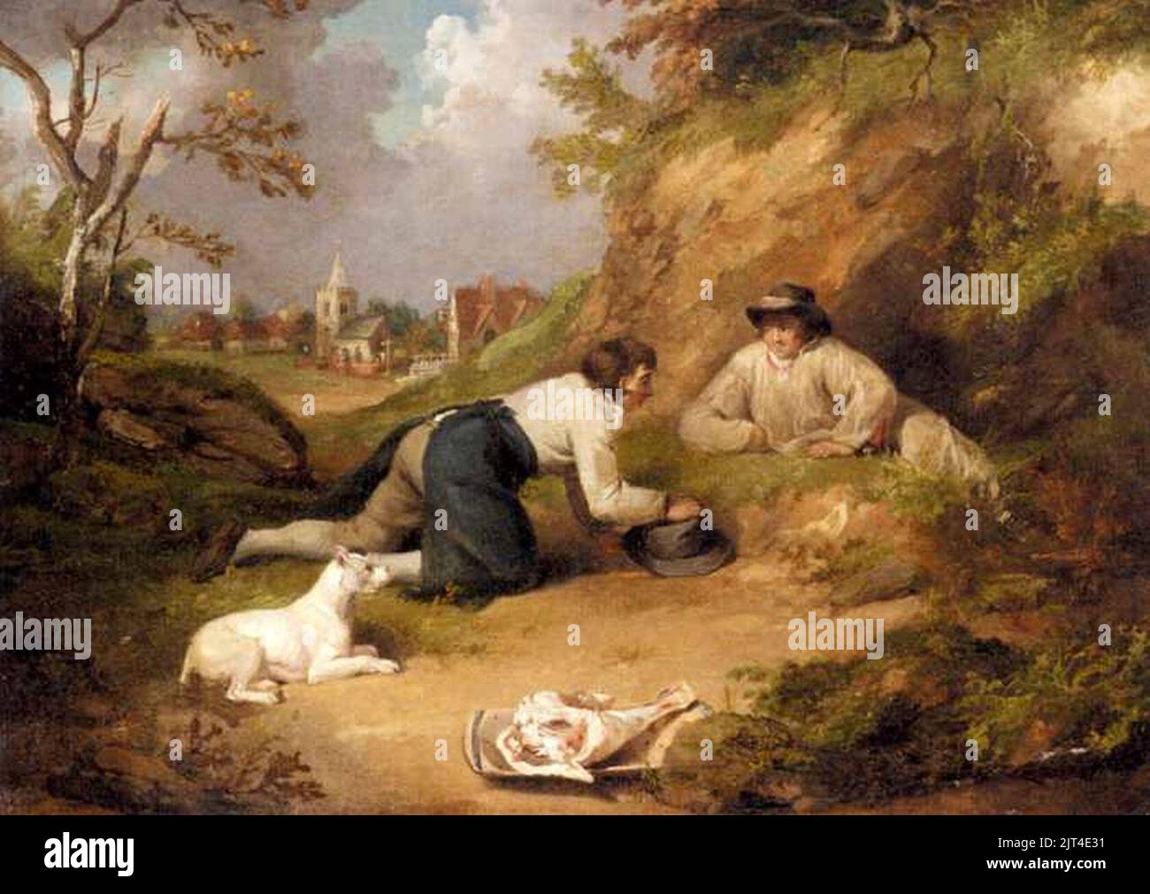 Two men hunting rabbits with their dog (Morland Stock Photo - Alamy