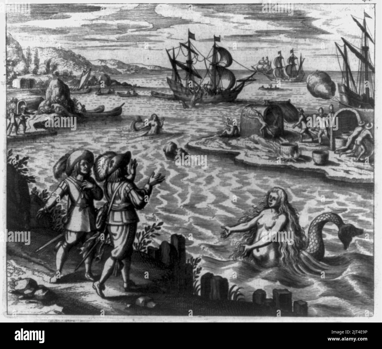 Two mermaids, men on island, ships and boats Stock Photo - Alamy