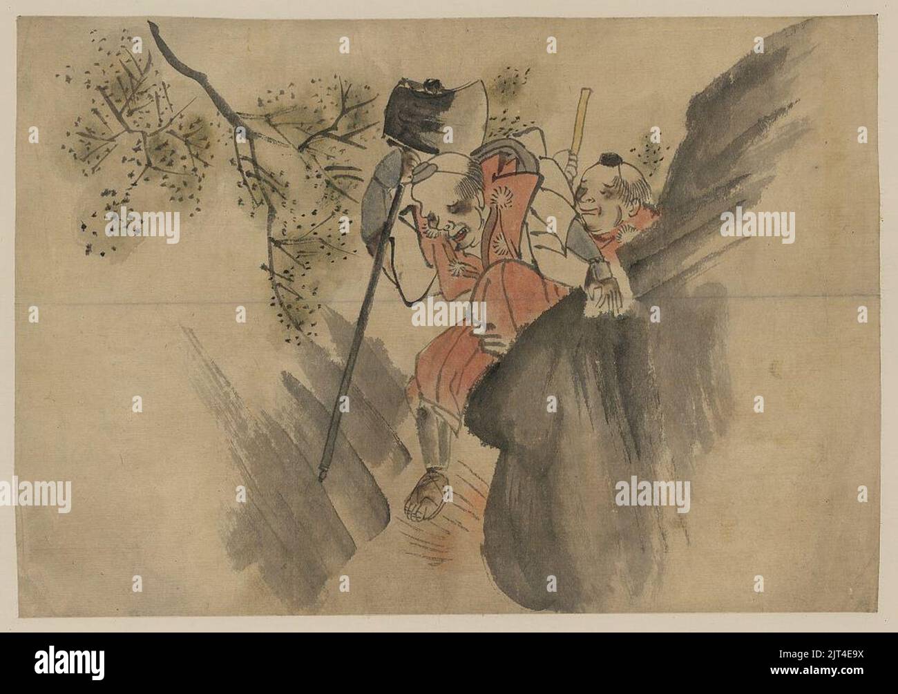 Two men, one carrying a large axe, walking along a narrow mountain pass ...