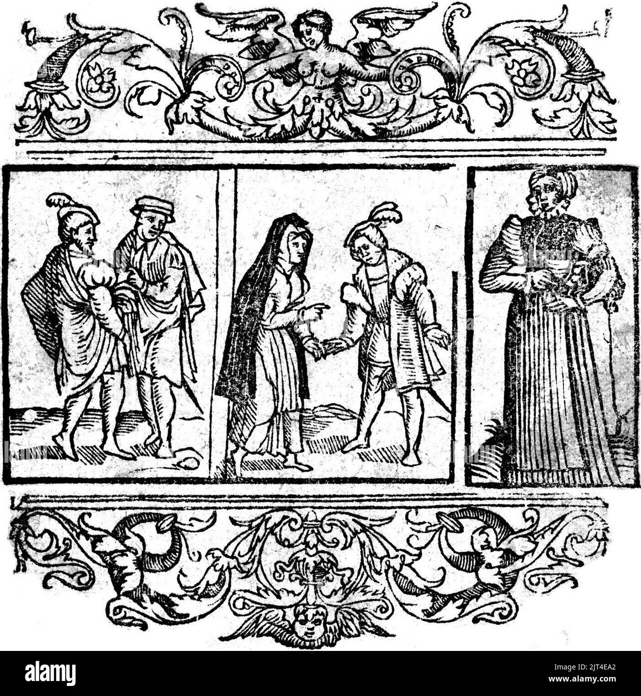 Two men, a woman and a man, and a woman carrying something under her ...