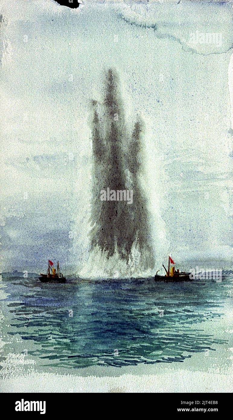 Two mine vessels and an exploding mine Stock Photo - Alamy