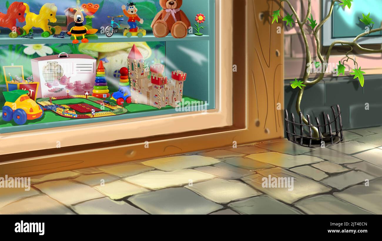 Toy shop window in a city. Digital Painting Background, Illustration ...