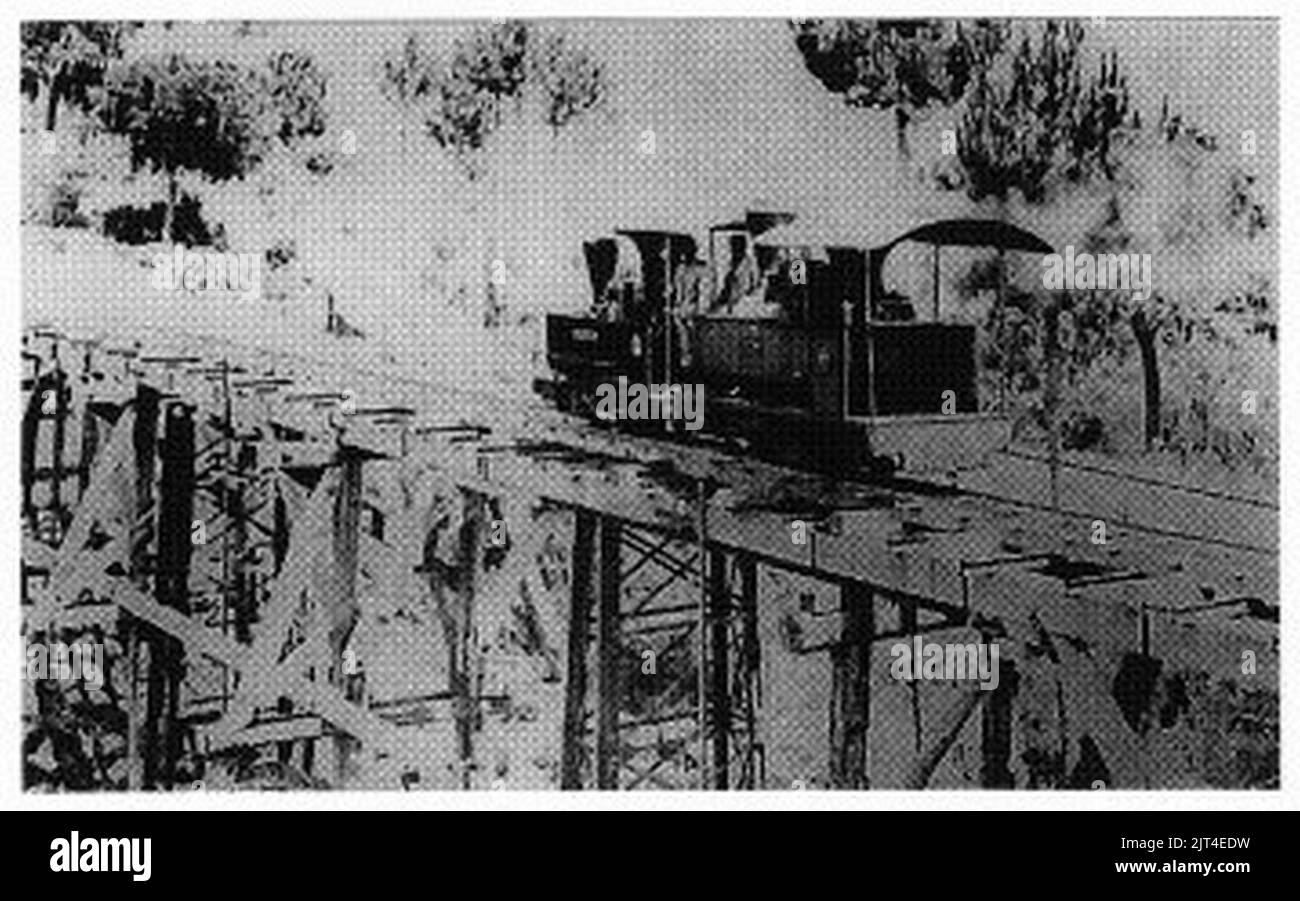 Two narrow gauge locomotives on a trestle bridge, ca 1900 Stock Photo ...