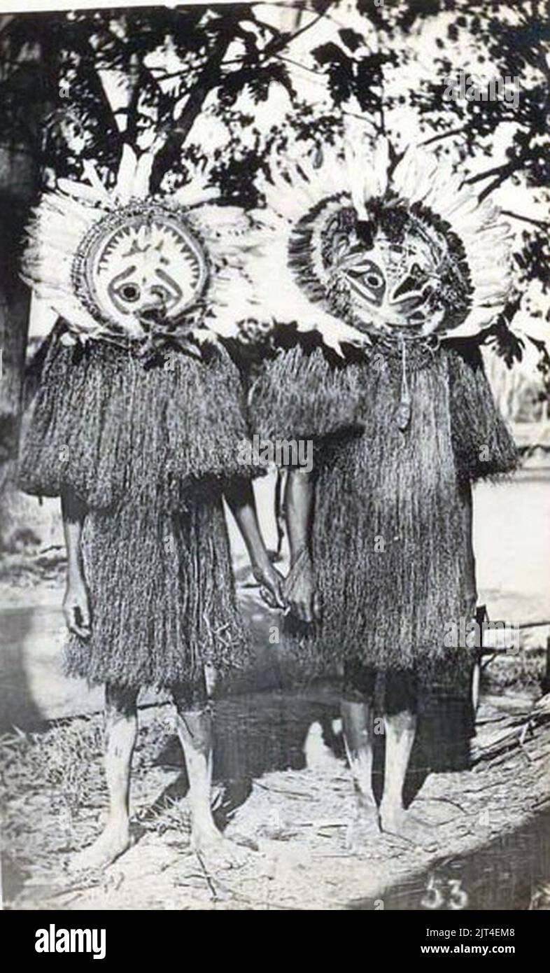 Two Papuan Gulf men dressed for ceremony in full body masks, British ...