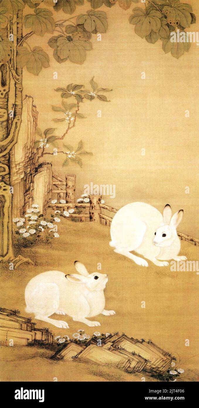 Two Rabbits under Chinese Parasol Tree by Leng Mei Stock Photo - Alamy