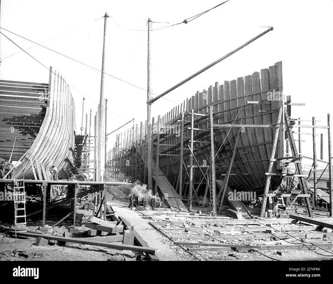 Two ships under construction on ways at the Pacific American Fisheries ...