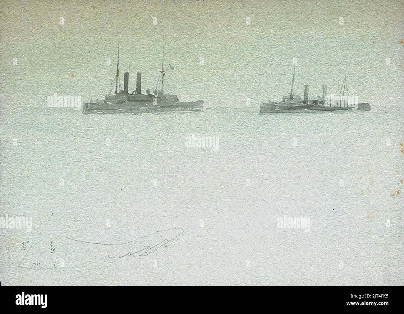 Two studies of warships and a sectional diagram of clinker planking ...