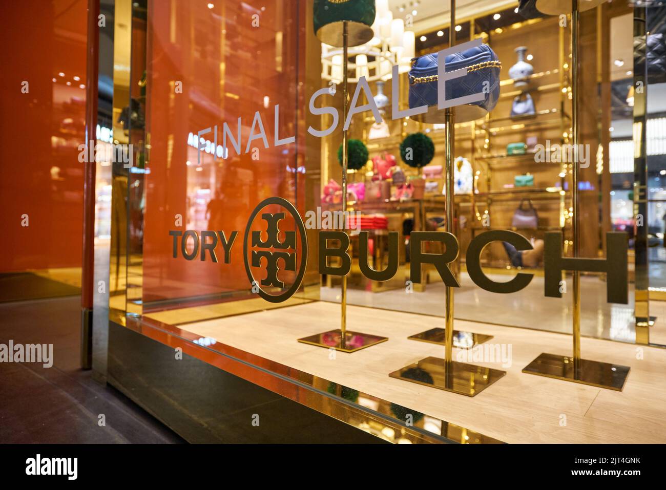 SINGAPORE - JANUARY 20, 2020: close up shot of Tory Burch sign seen in ...