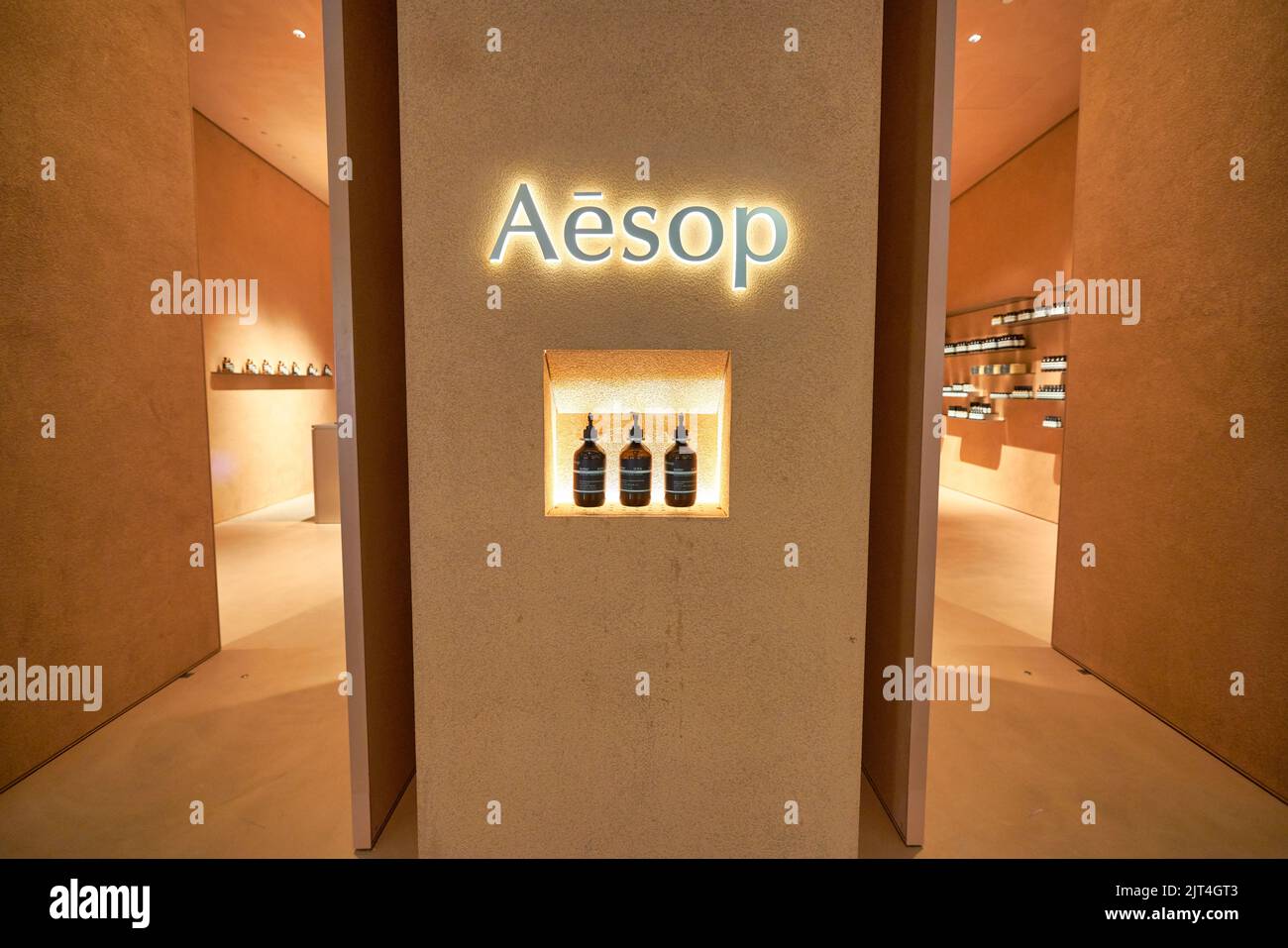 SINGAPORE - JANUARY 20, 2020: Aesop sign seen at a store in the Shoppes ...