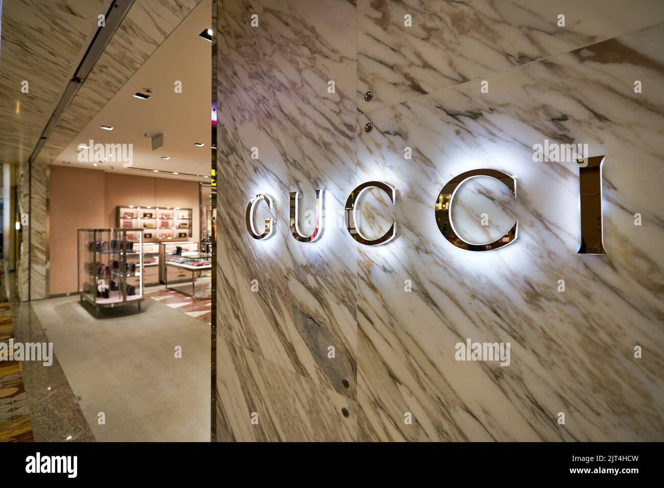 SINGAPORE - CIRCA JANUARY, 2020: close up shot of Gucci sign as seen at ...