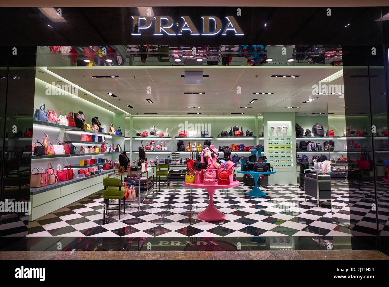 SINGAPORE - CIRCA JANUARY, 2020: Prada brand name over a store entrance ...