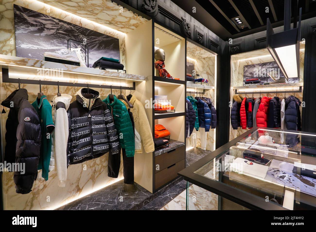 SINGAPORE - JANUARY 21, 2020: clothes on display at Moncler store in ...