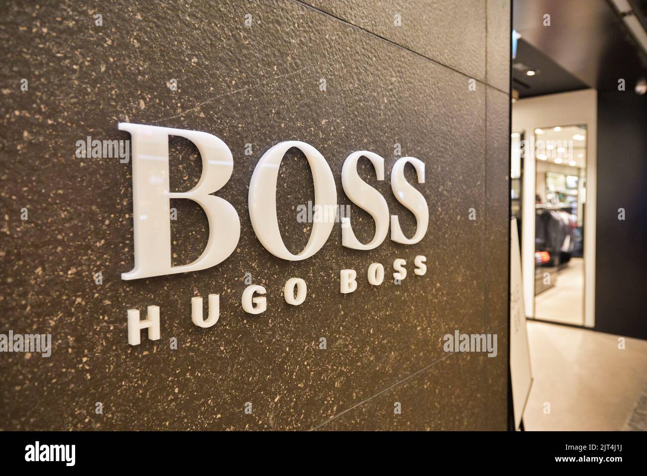 SINGAPORE - CIRCA JANUARY, 2020: close up shot of Hugo Boss sign seen ...