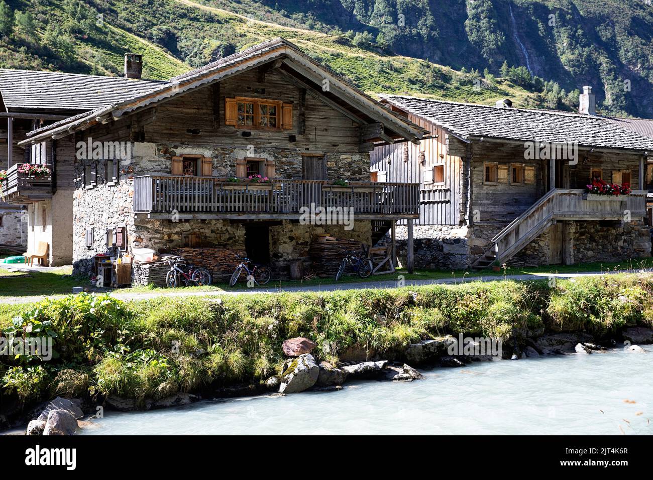 Old rural traditional wooden houses in Innergschlos village ...