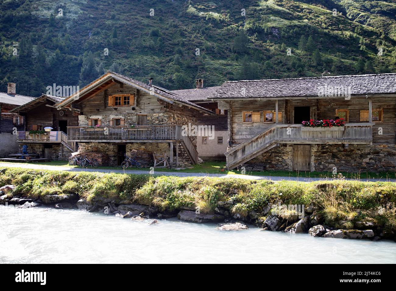 Old rural traditional wooden houses in Innergschlos village ...