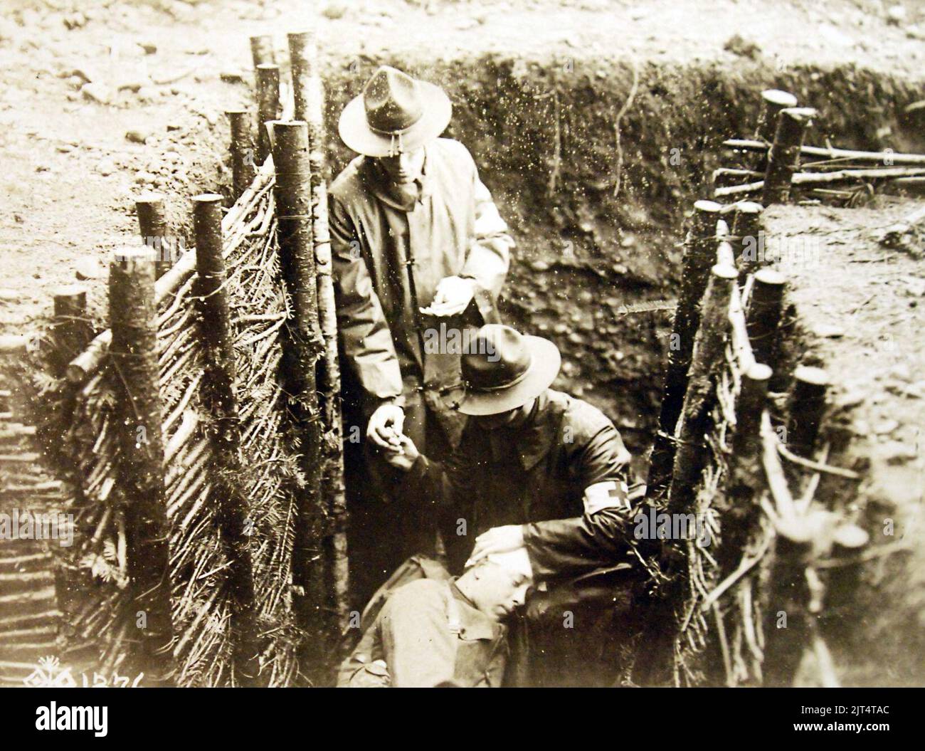U.S. Army Hospital Corps soldiers in the first line trenches rendering ...