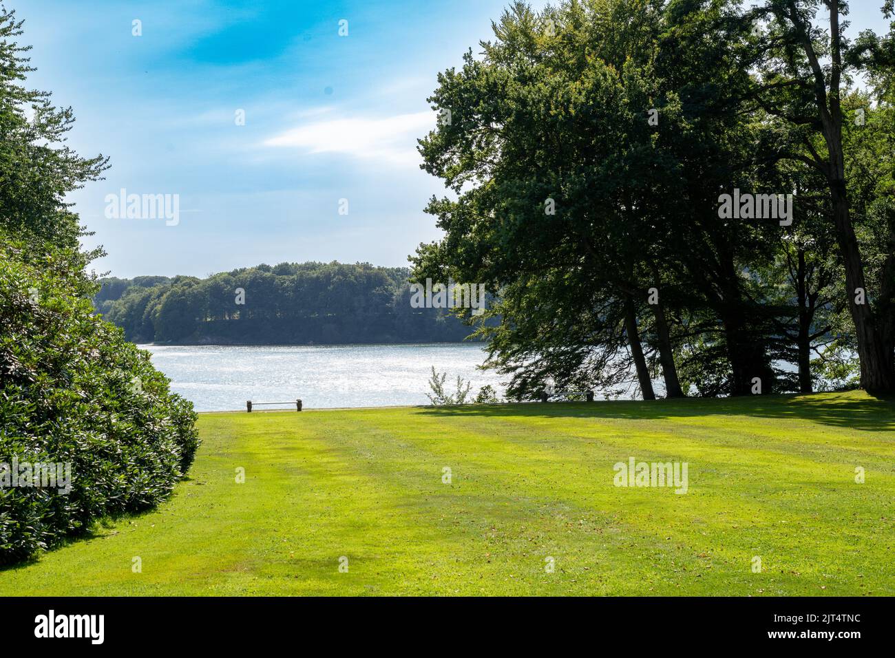 Seaside garden with lawn in waterfront resort. Green grass and ocean ...