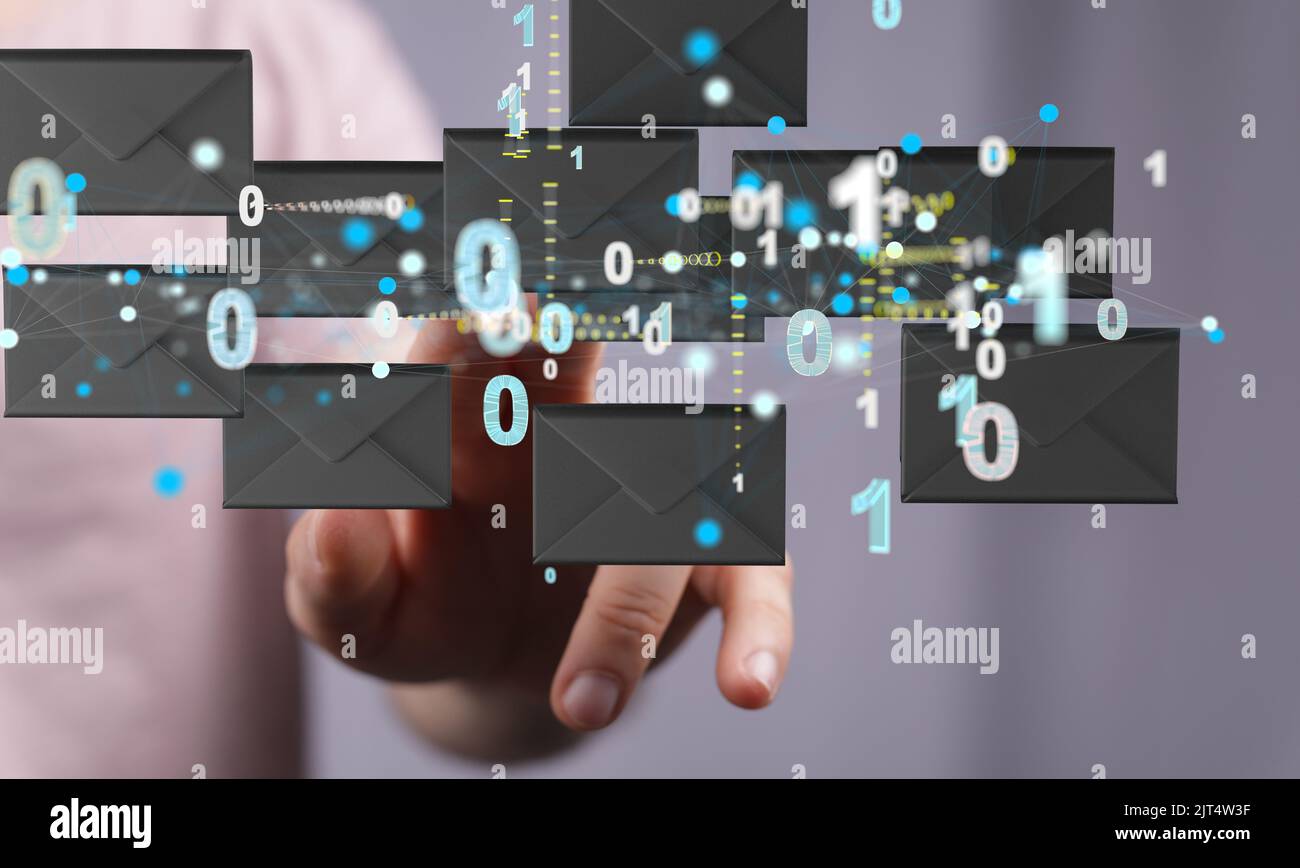 A 3D rendering of email icons and binary codes with hand tapping on it. Online communication ...