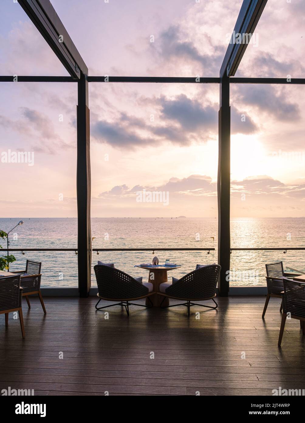 The restaurant at the oceanfront during sunset in Pattaya Thailand ...