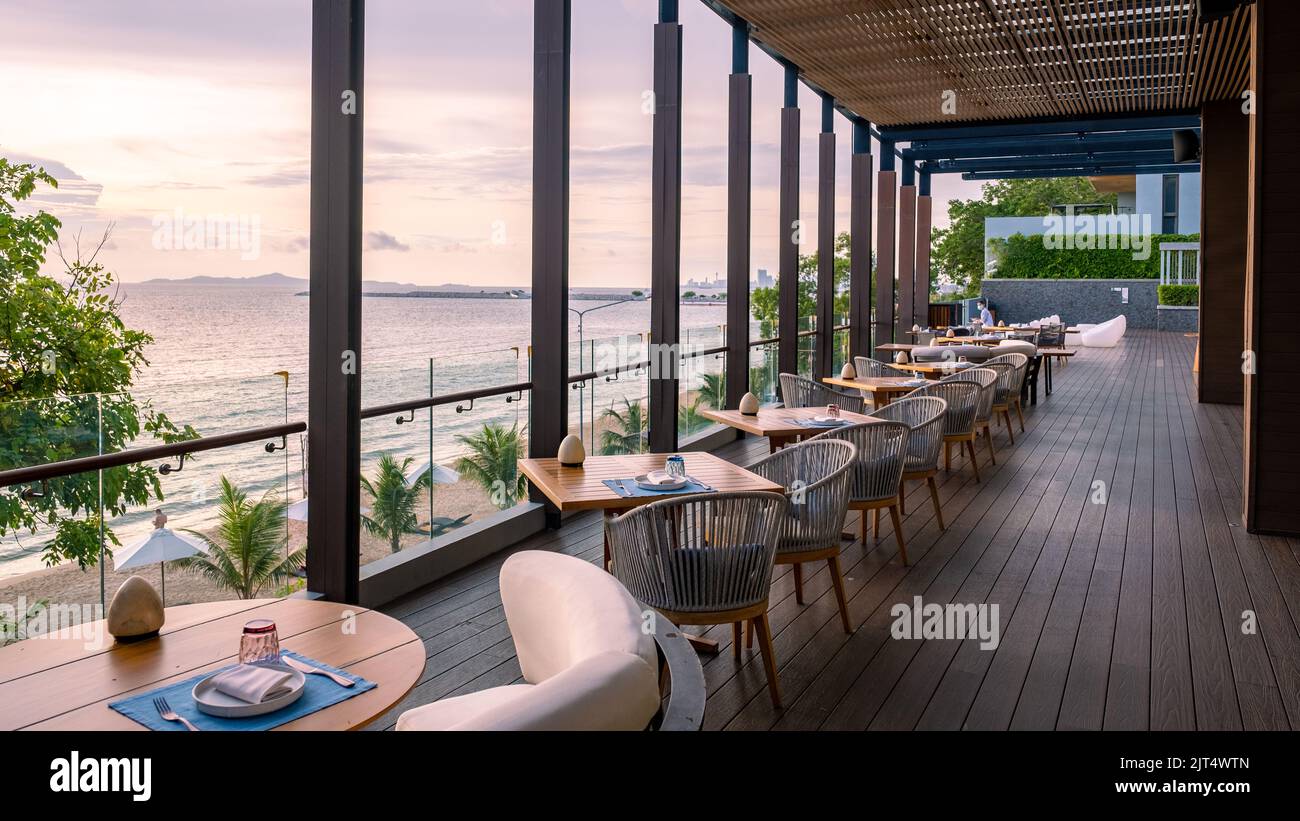 The restaurant at the oceanfront during sunset in Pattaya Thailand ...
