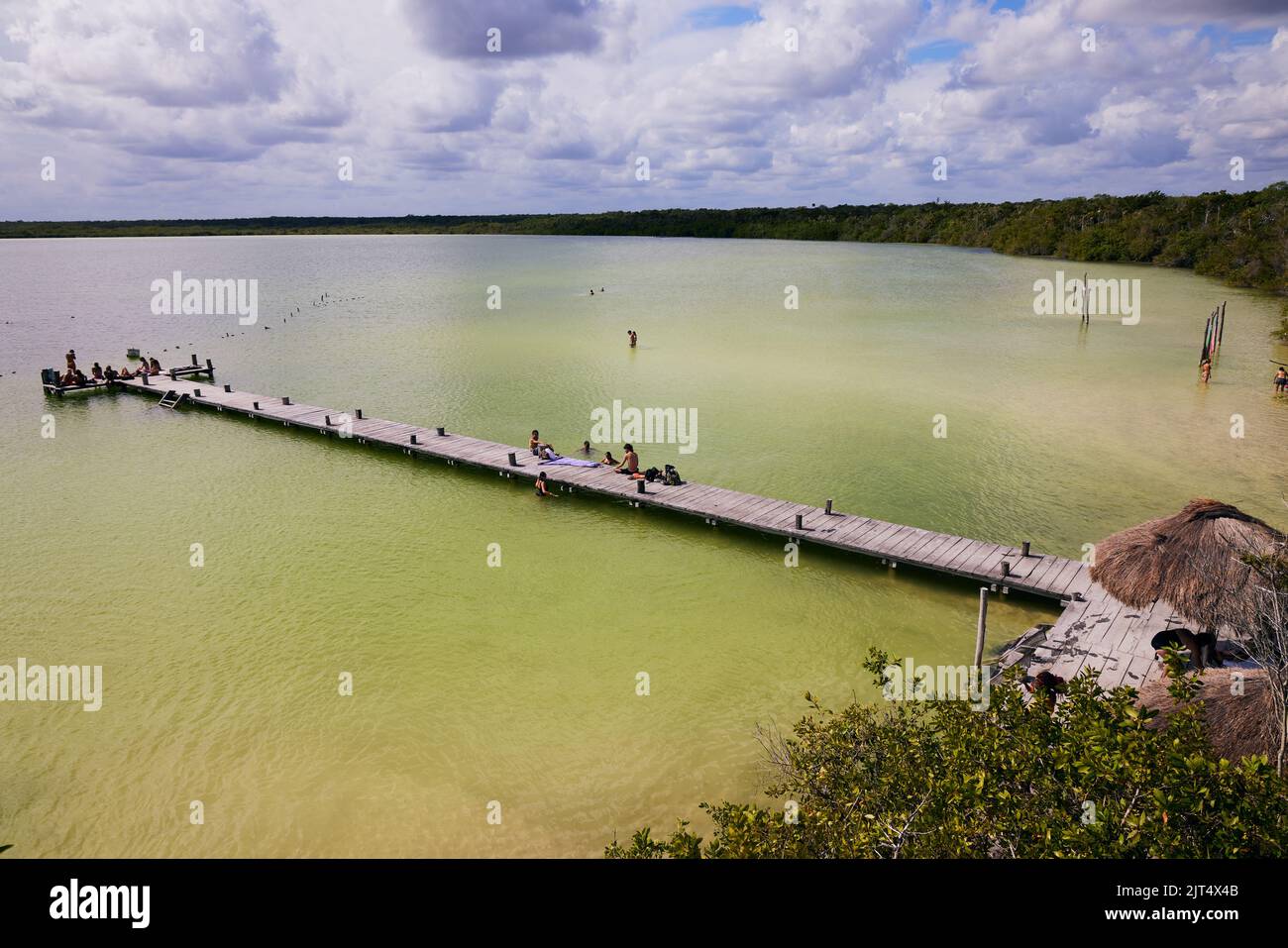 An aerial view of a boardwalk on the Cenote Lagoon Kaan Luum in Tulum ...
