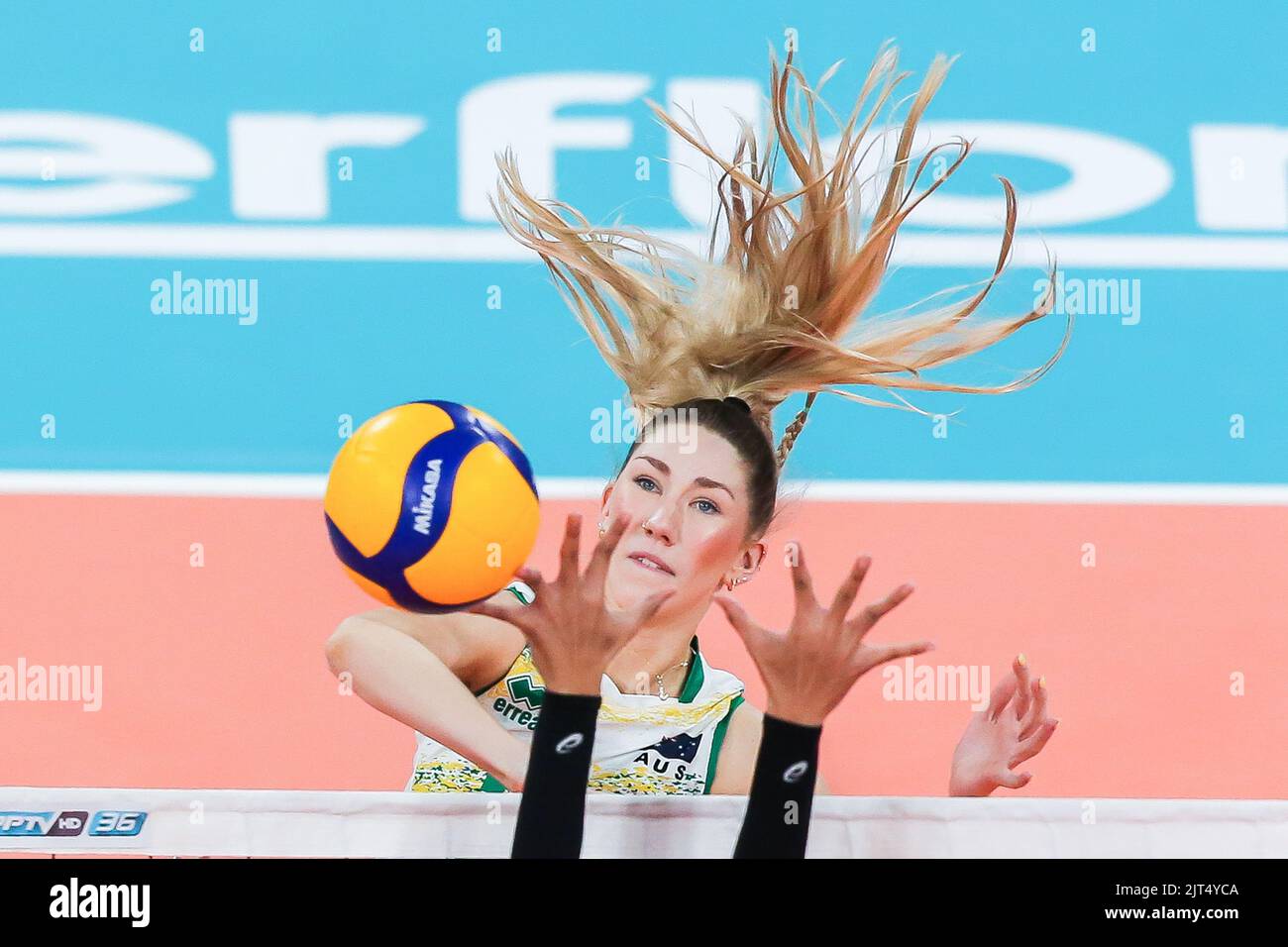 Pasig City, Philippines. 28th Aug, 2022. Australia's Kara Inskip spikes ...