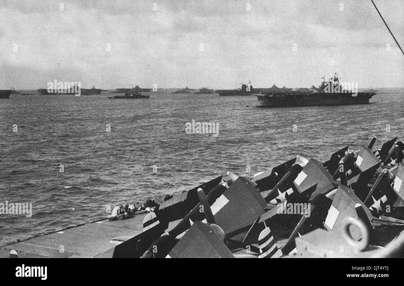 U.S. Fast Carrier Task Force anchored at Ulithi Atoll in early February ...