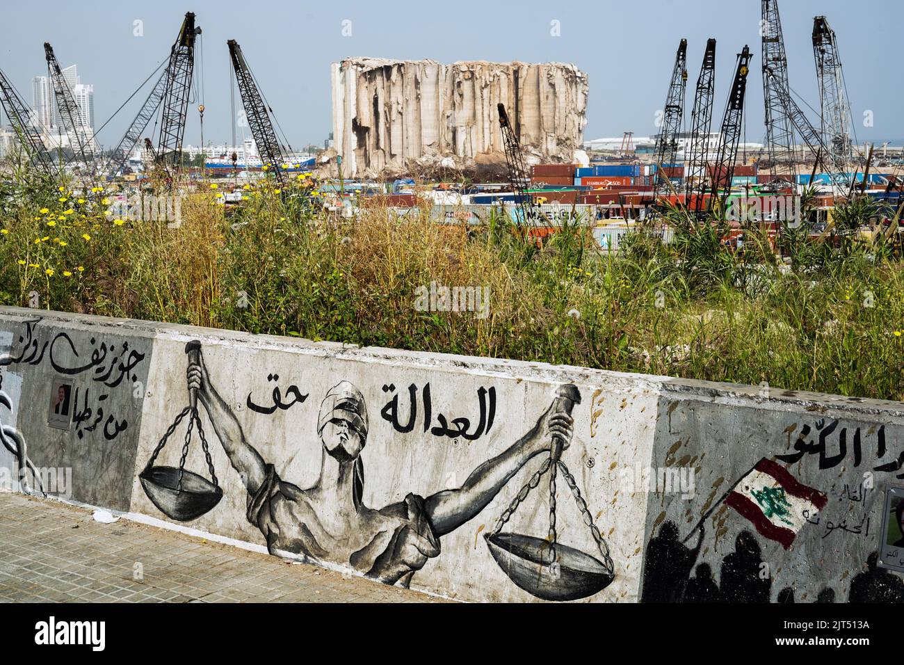 Beirut, Lebanon: Graffiti on the wall to the port showing the destroyed ...