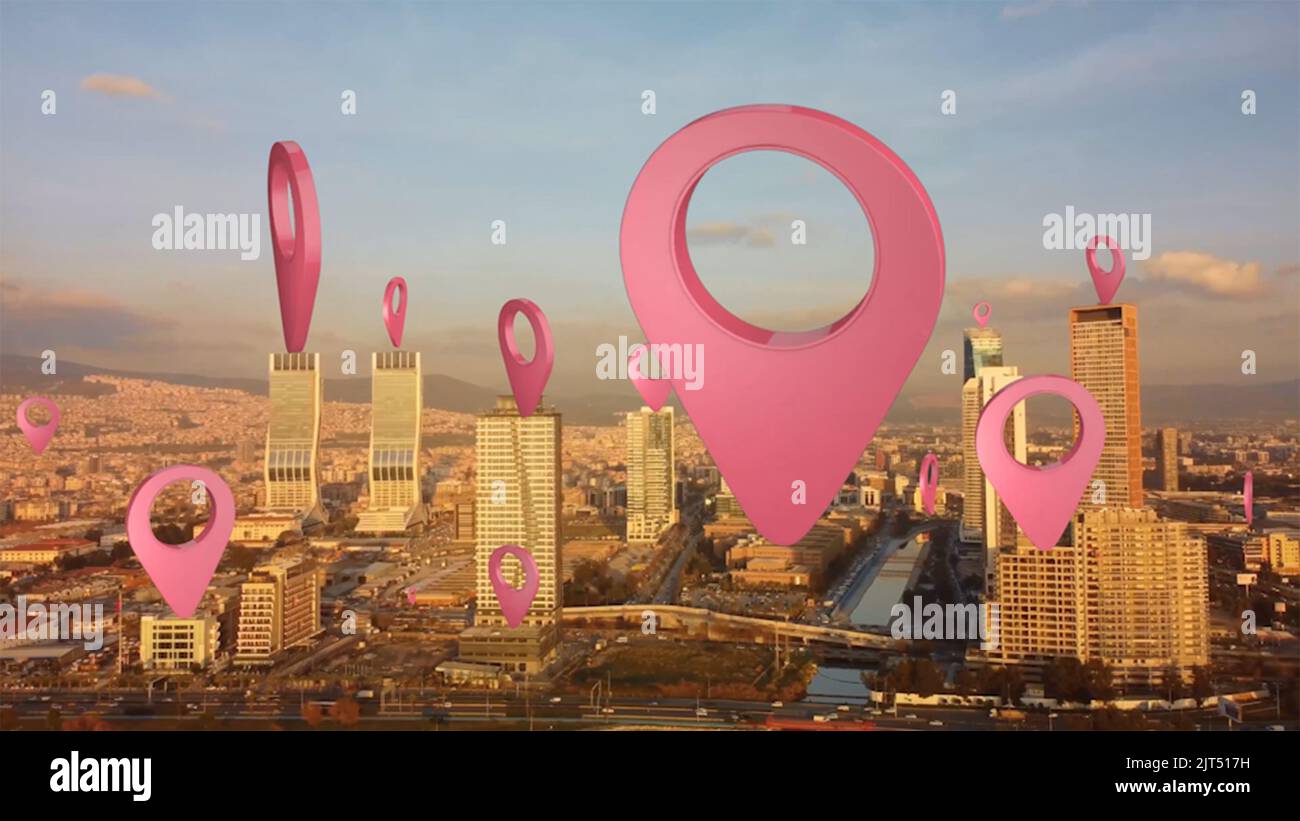 Aerial smart city. Localization icons in a connected futuristic city ...