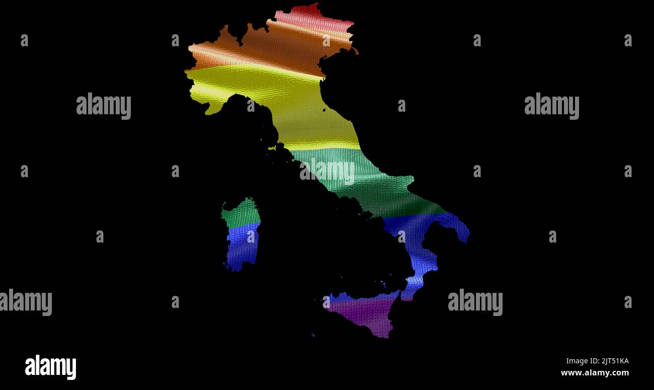 Italy country territory outline shape with LGBT rainbow flag on black ...