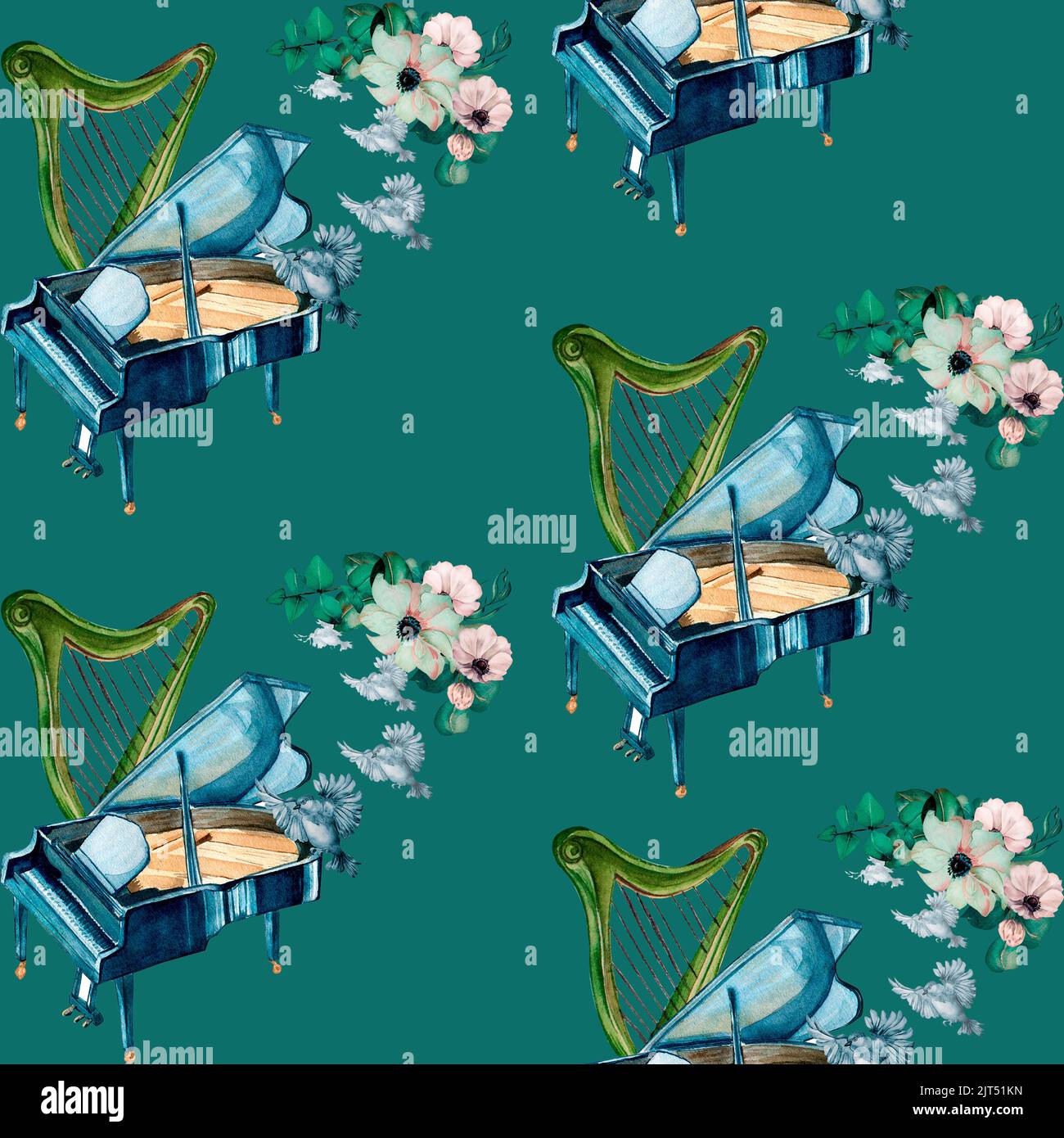 Grand piano, harp and flowers watercolor seamless pattern on green ...