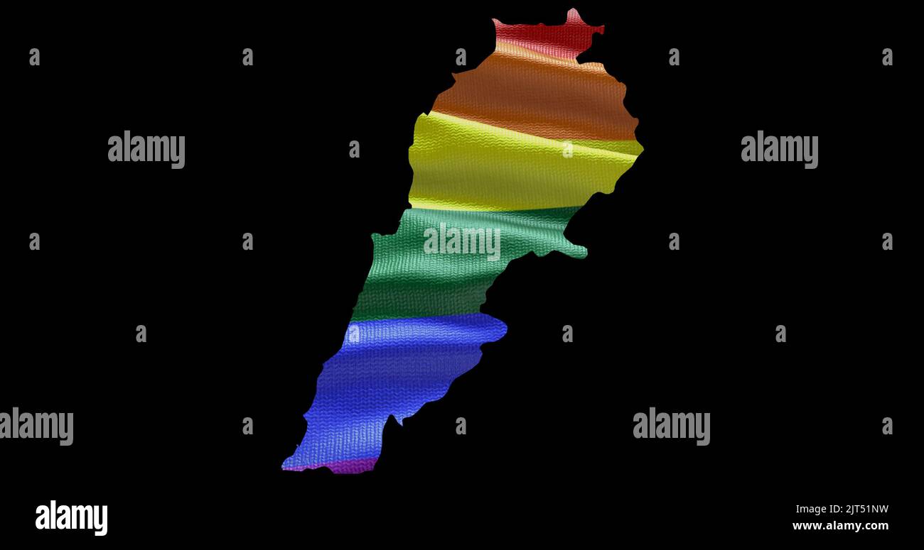 Lebanon country territory outline shape with LGBT rainbow flag on black ...