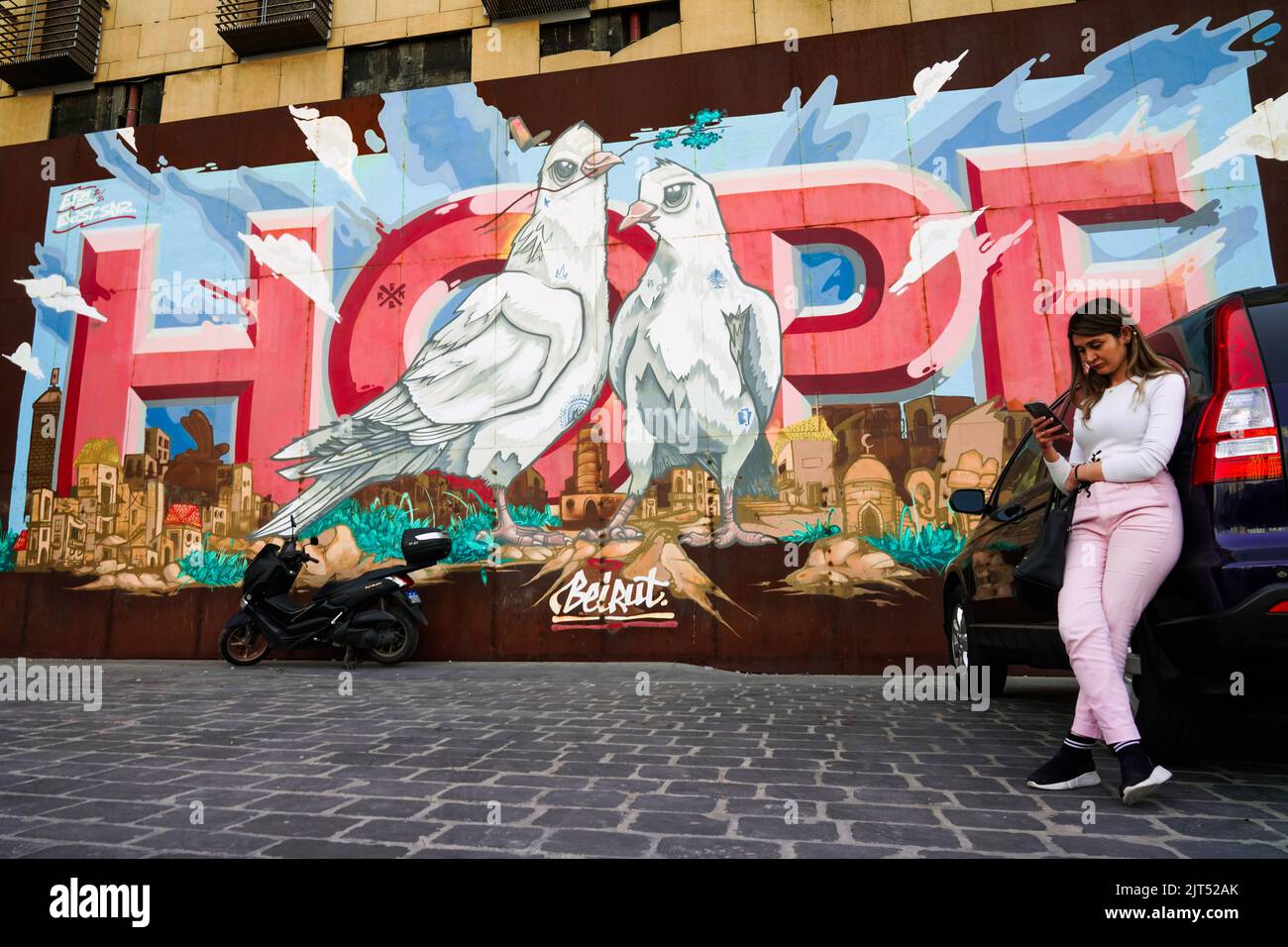 Beirut, Lebanon: A wall that has been covered by graffiti of HOPE at ...