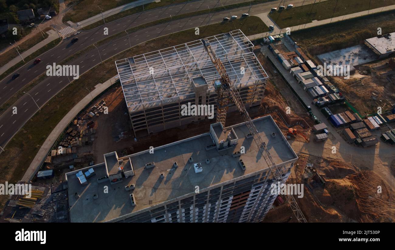 Construction site of a new city block. Construction of multi-storey ...