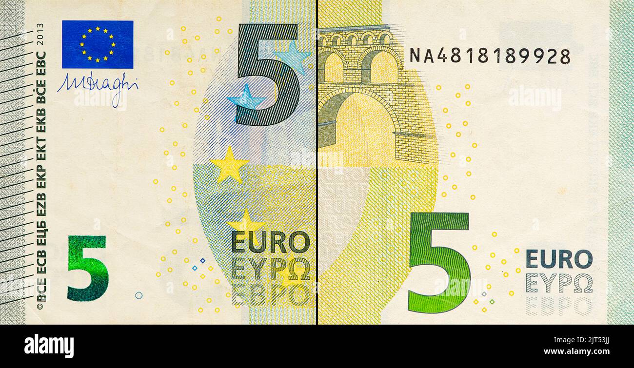 One five Euro bill. 5 euro banknote. The euro is the official currency ...