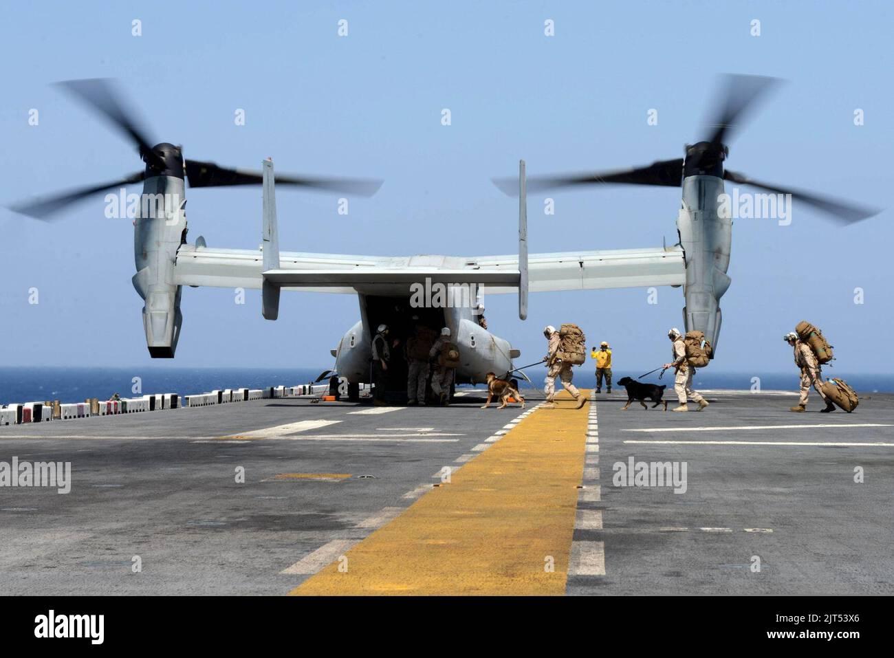 U.S. Marines with the 22nd Marine Expeditionary Unit (MEU) board an MV ...